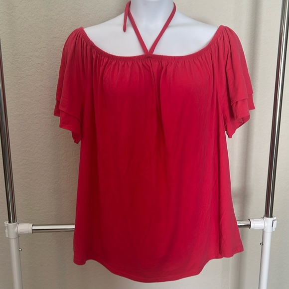 Lane Bryant | Tops | Plus Size Coral Pink Tie Neck Cold Shoulder Top ...